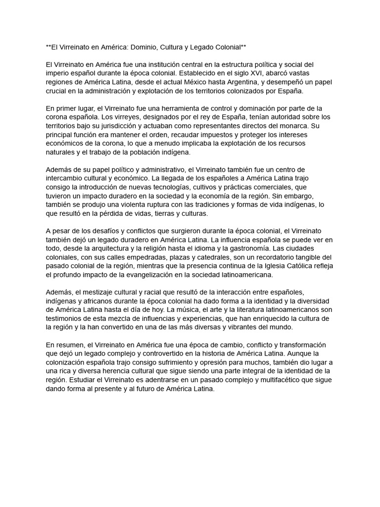 Ensayo IA Sobre El Virreinato. | Descargar gratis PDF | Nueva españa | Colonización española de ...