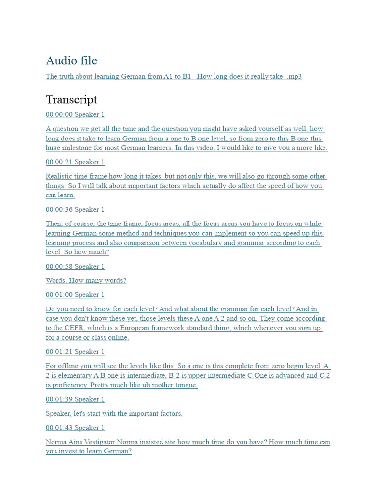 Audio File - Transcript - Time Taken From A1 To C1 | PDF | Fluency ...
