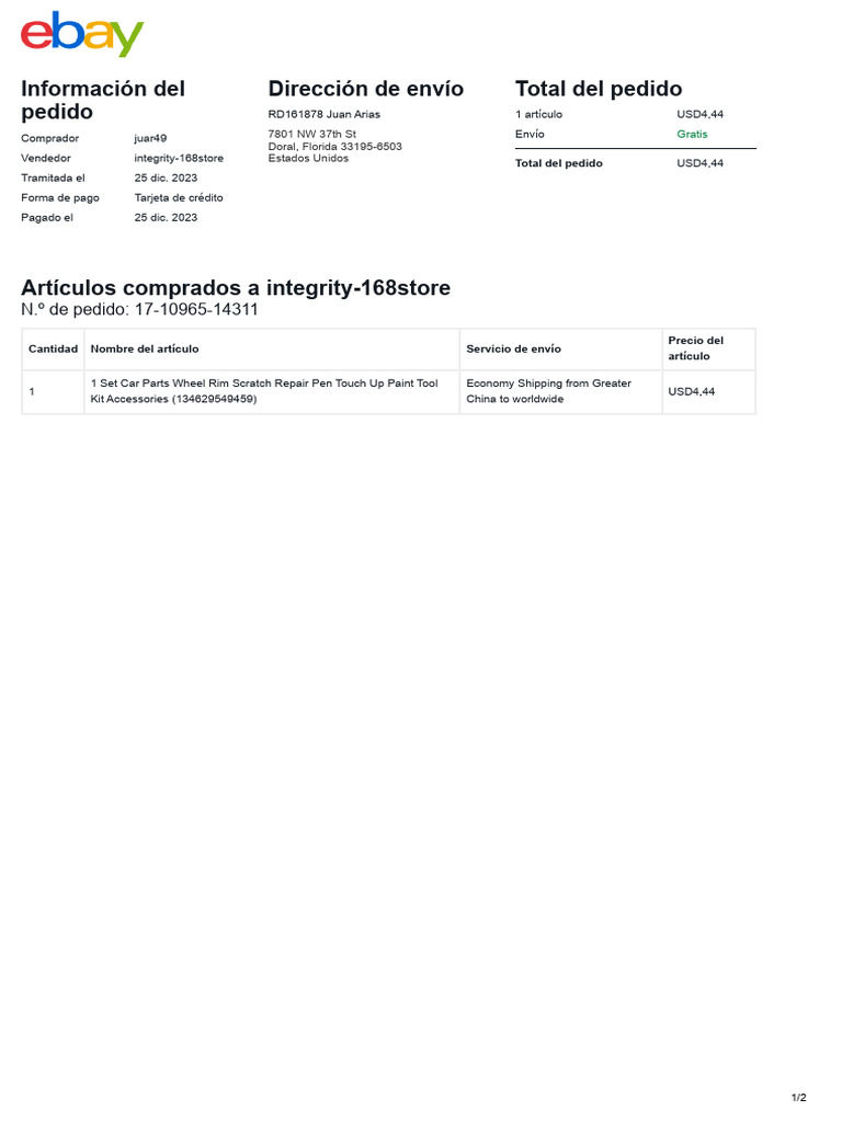Detalles Del Pedido - Ebay Juan Arias | PDF