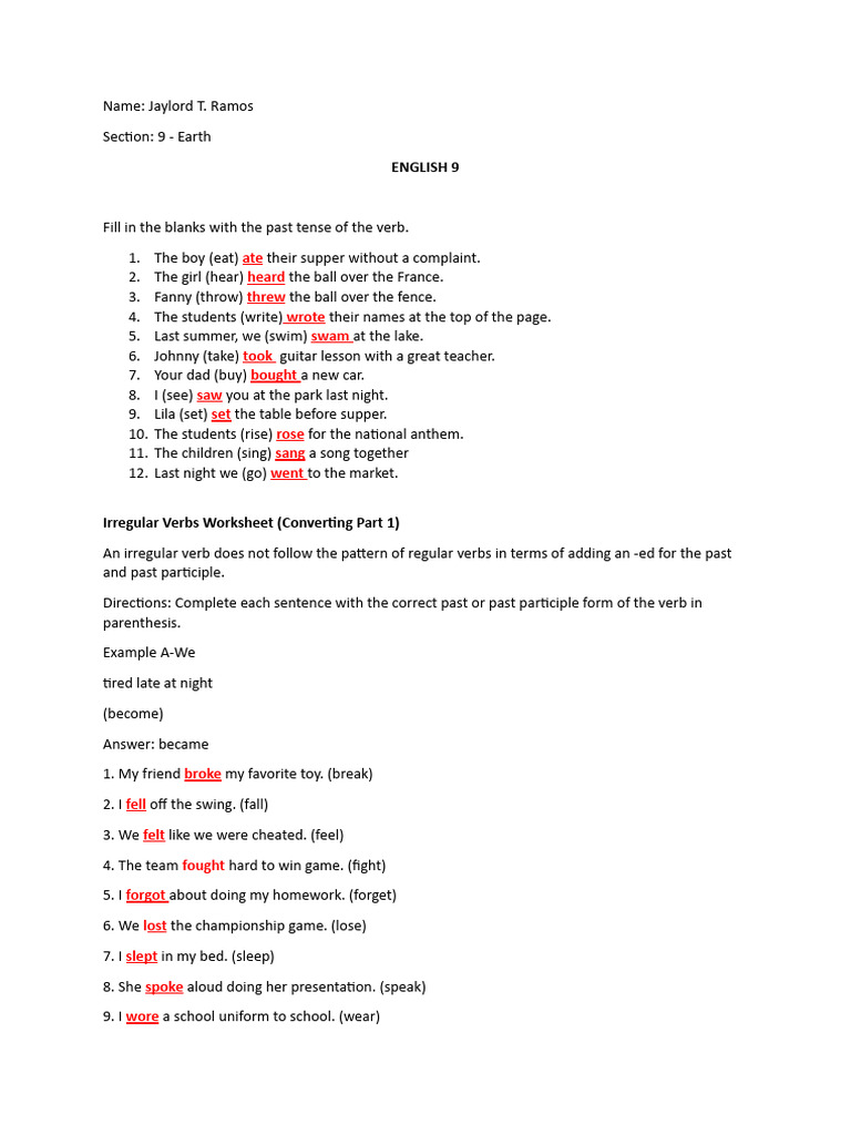 ENGLISH ASSIGNMENTS 9 With Answer | PDF | Verb | Syntax