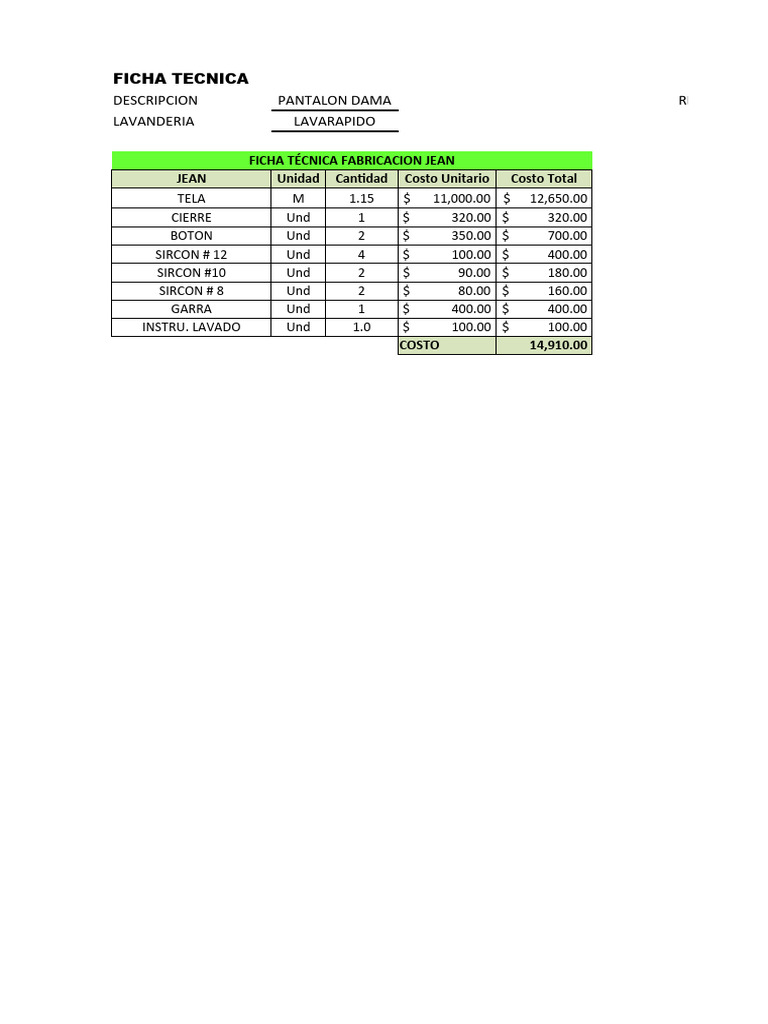 Ficha Técnica y Costos de Jean Dama | PDF | Economias