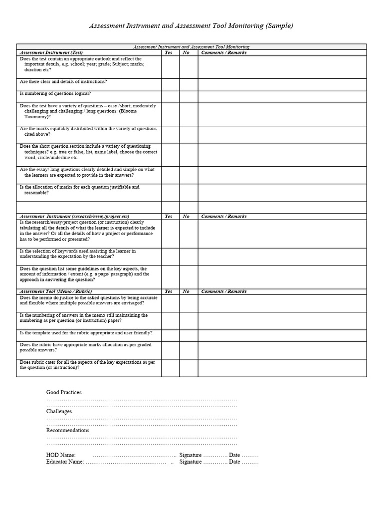Assessment Instrument and Tool Monitoring PR | PDF | Question | Essays