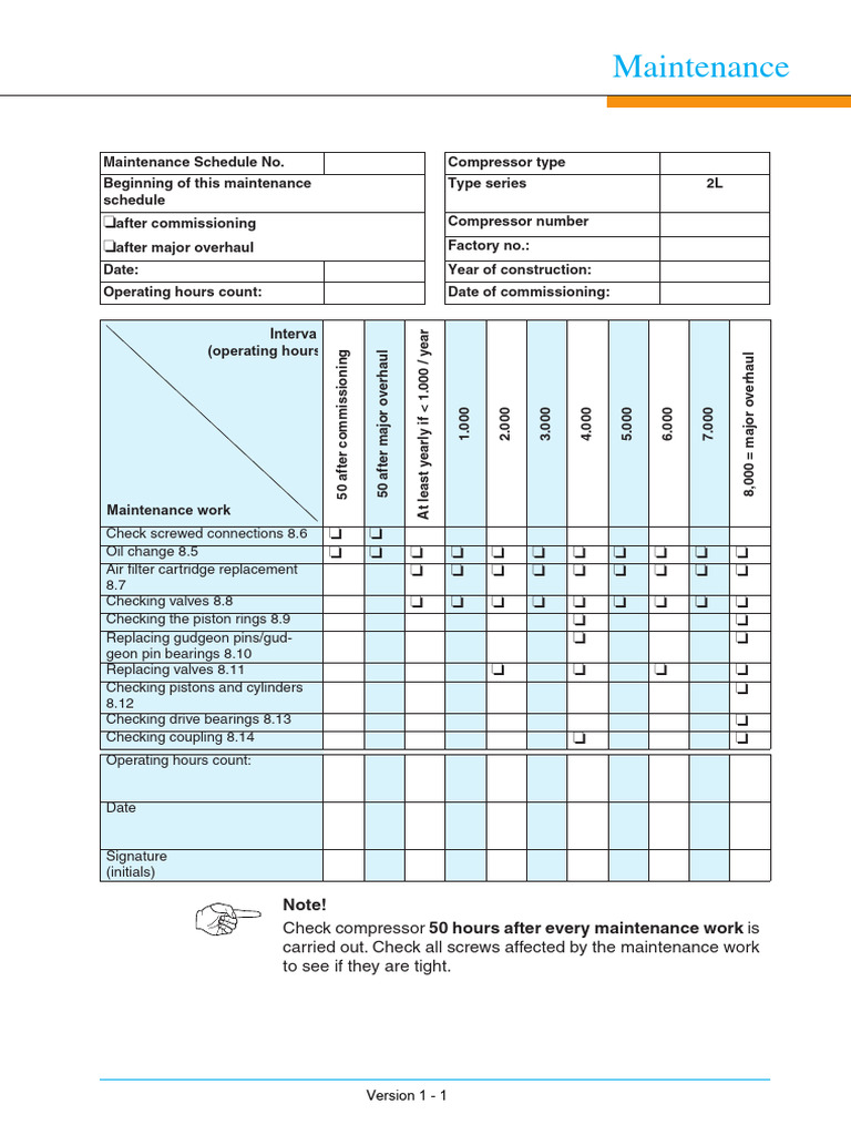 Compressor Maintenance Schedule Checklist | PDF