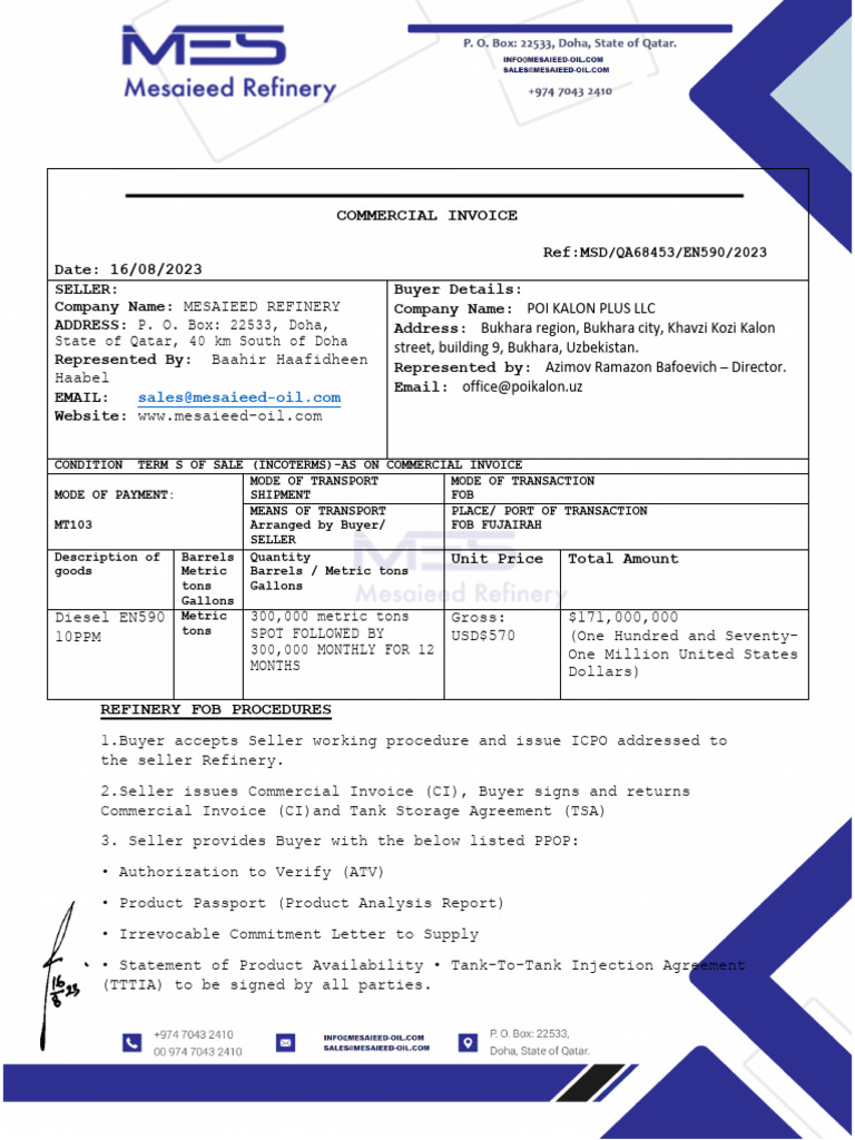 EN590 10PPM COMMERCIAL INVOICE | PDF | Chemical Substances | Fuels