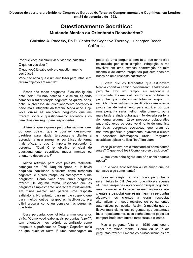 Questionamento Socrático na Terapia Cognitiva | PDF | Pensamento ...