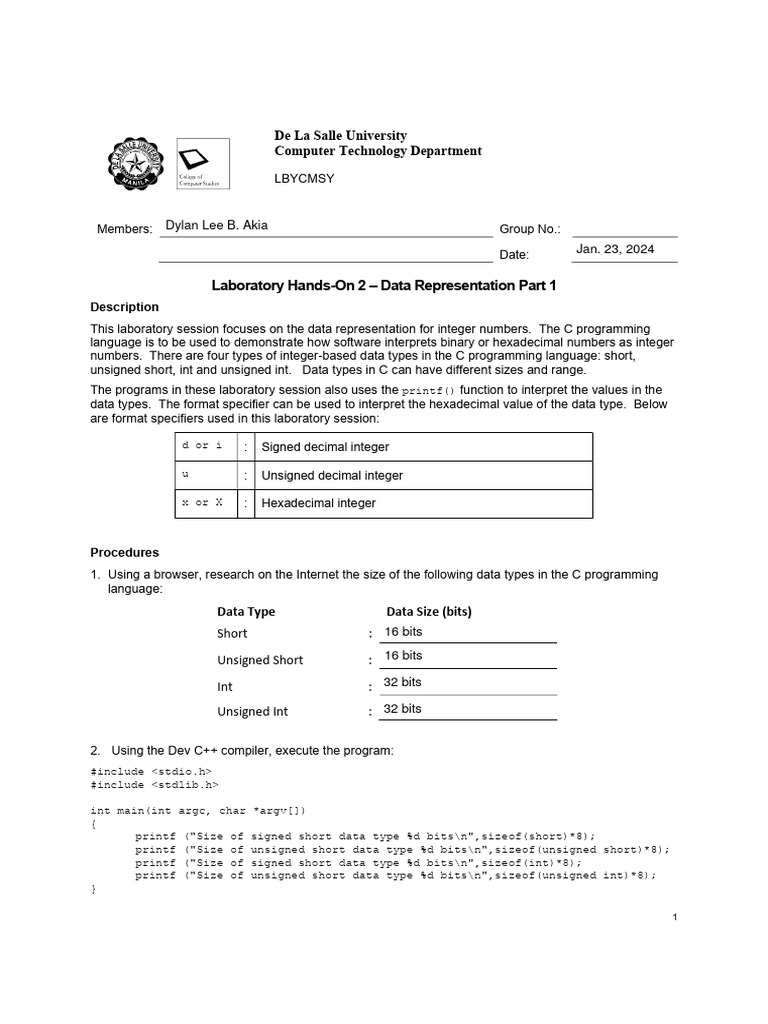 Lab Hands On 2 - Data Representation Part 1 (AKIA) | PDF | Integer (Computer Science) | Data Type