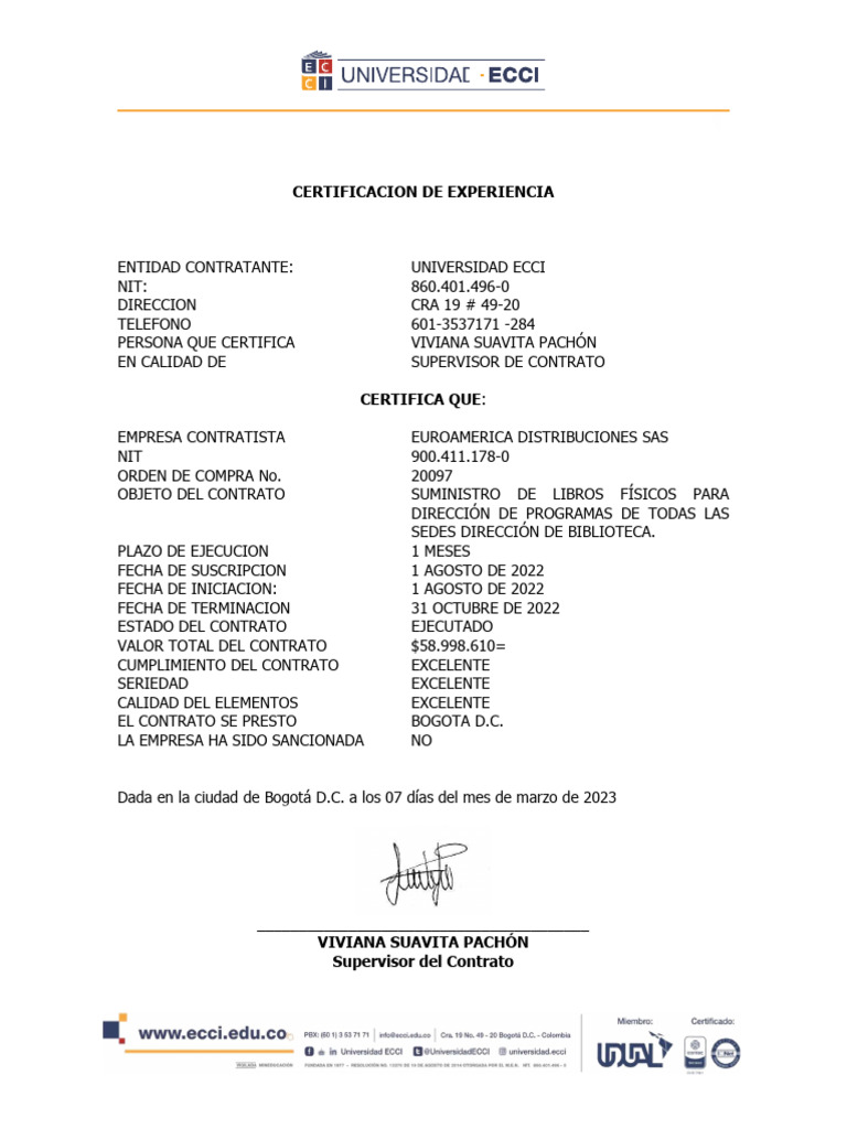 Certificacion Experiencia Ecci 58998610 | PDF