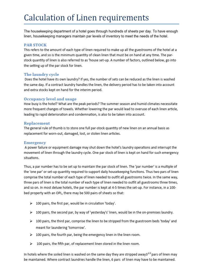 Hotel Linen Par Stock Calculation | PDF | Laundry | Linens