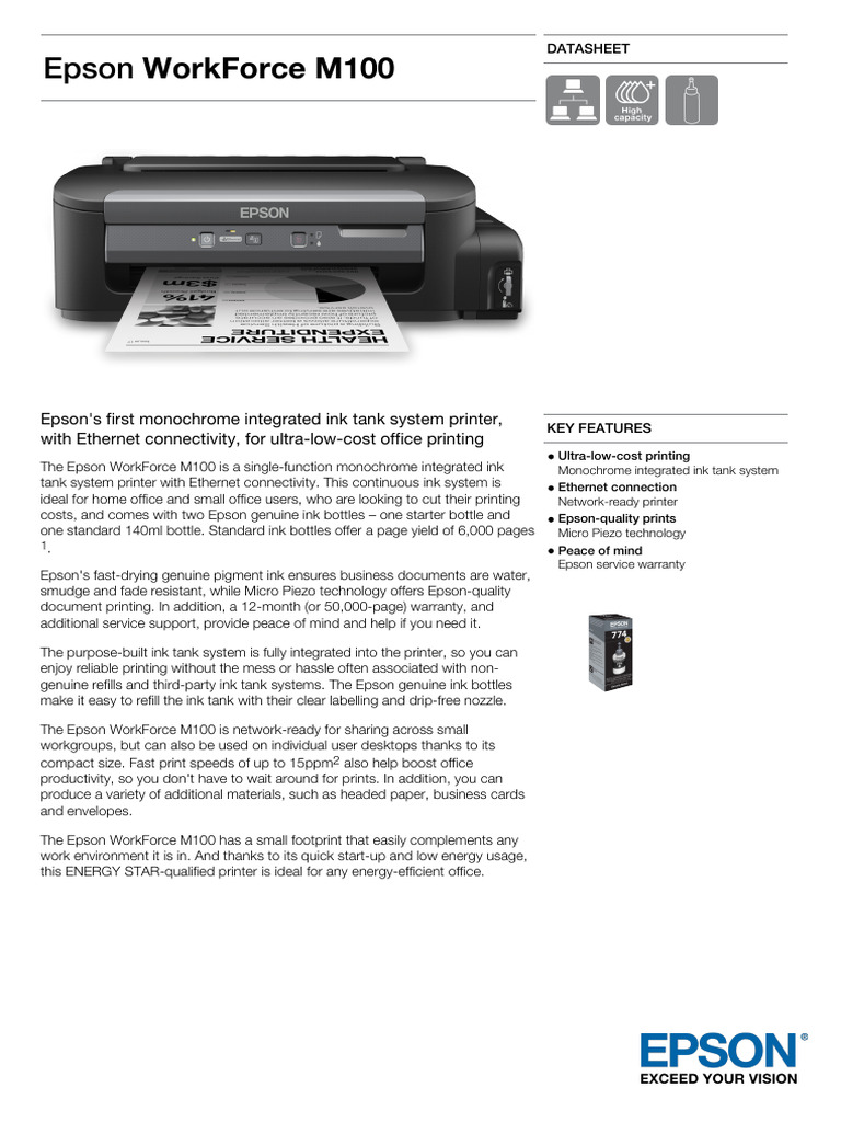 Epson WorkForce M100 Datasheet | PDF | Printer (Computing) | Office ...