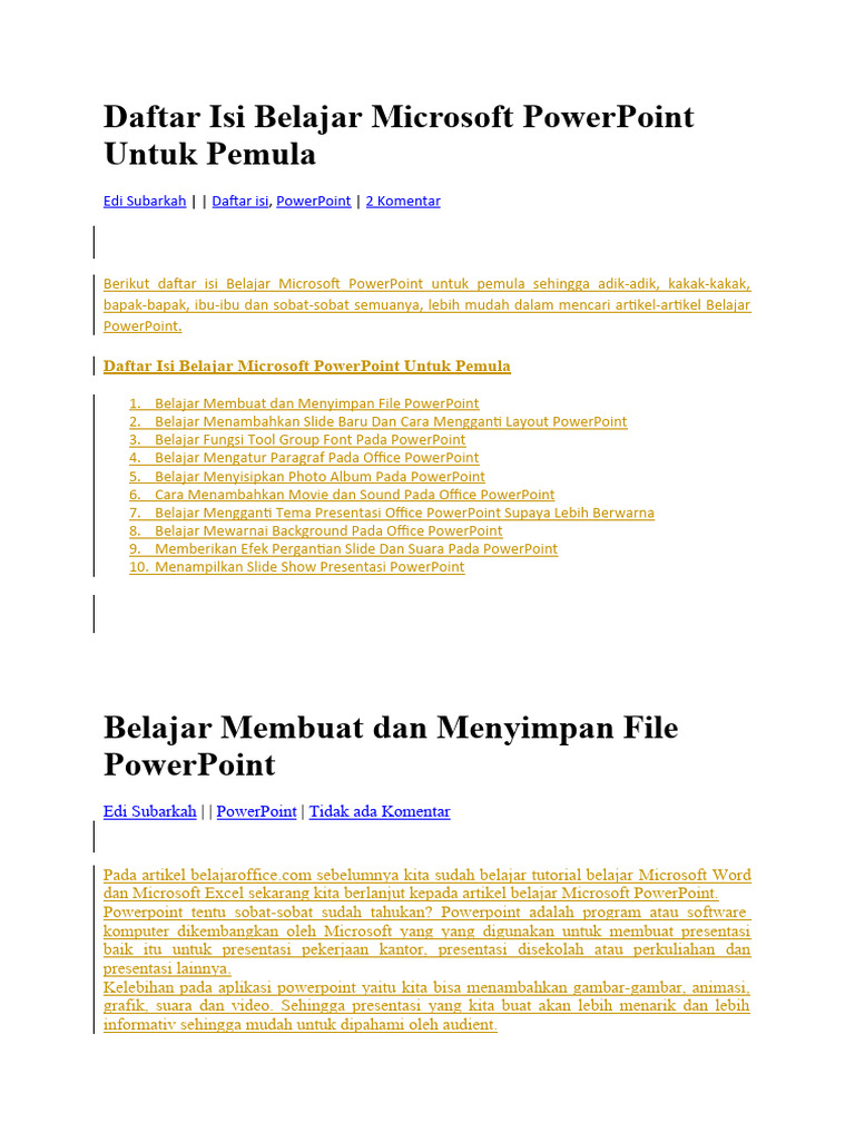 Daftar Isi Belajar Microsoft PowerPoint Untuk Pemula | PDF Daftar Isi Belajar Microsoft PowerPoint Untuk Pemula | PDF
