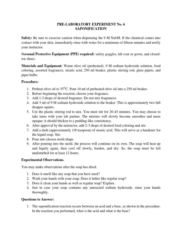 Experiment No. 6 - Saponification 1 | PDF | Soap | Sodium Hydroxide