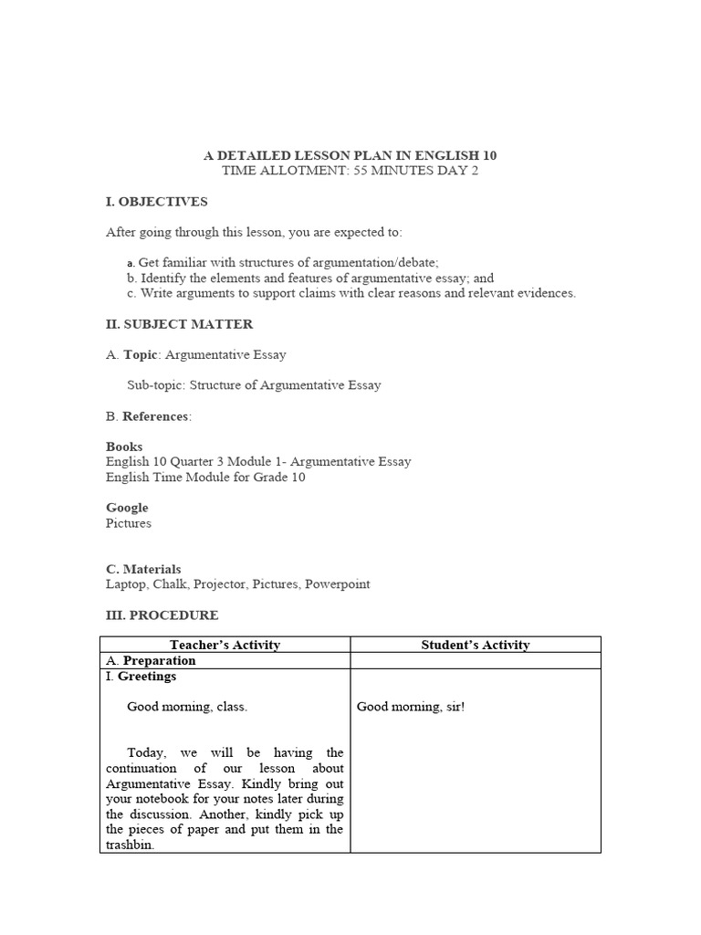 A DETAILED LESSON PLAN IN ENGLISH 10 Day 2 | PDF | Essays | Argument