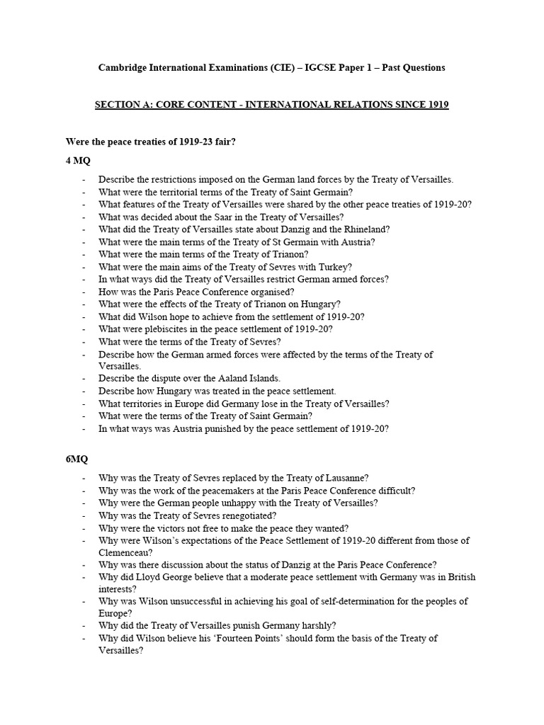 CIE IGCSE Past Questions on International Relations | PDF | Nazi ...