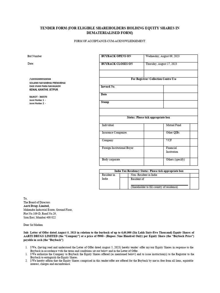 Tender Form (For Eligible Shareholders Holding Equity Shares in ...