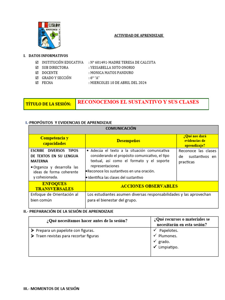 Reconocemos El Sustantivo y Sus Clases | PDF | Sustantivo | Aprendizaje