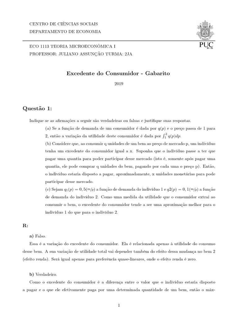 Excedente Do Consumidor Gabarito | PDF | Excedente econômico | Demanda