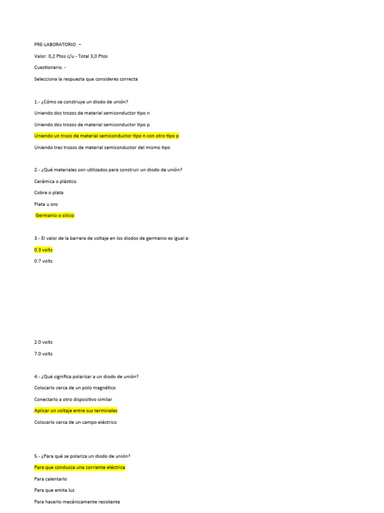 Cuestionario sobre Diodos de Unión | PDF | Diodo | Semiconductores