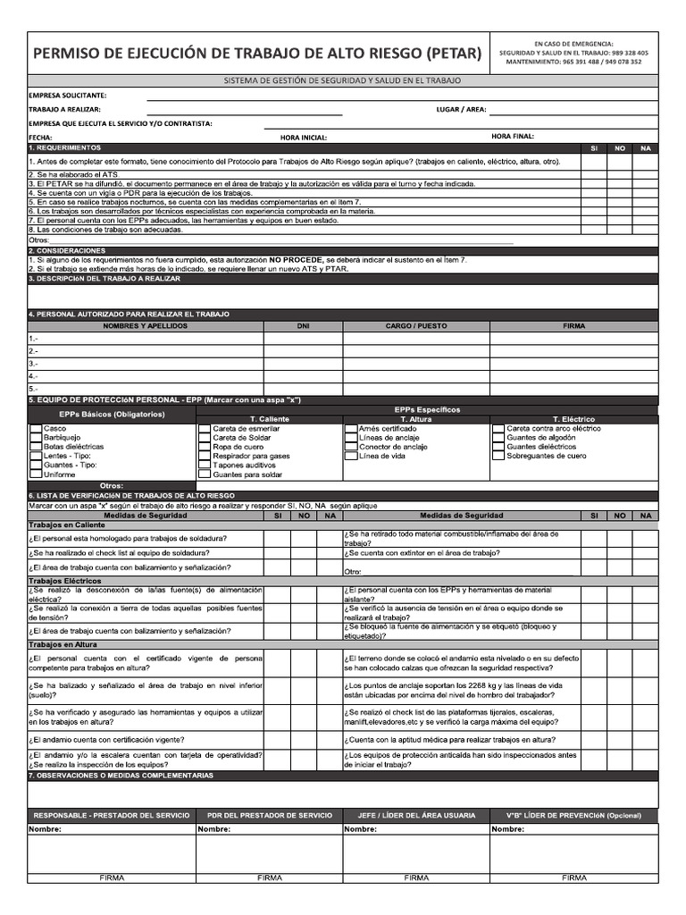 Permiso Para Trabajo de Alto Riesgo | PDF