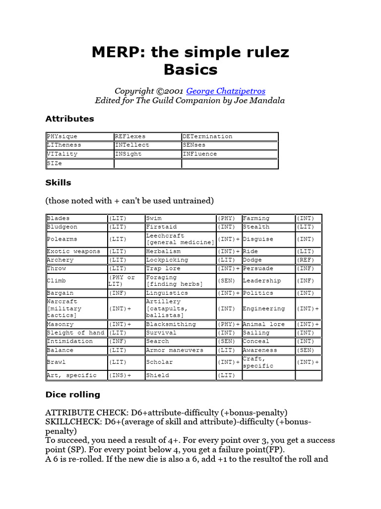 03 MERP The Simple Rulez - Basic Rules by George Chatzipetros (February, 2001) | PDF | Shield ...