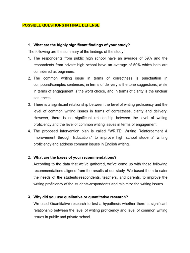 Final Defense Questions on Writing Proficiency | PDF | Statistics ...