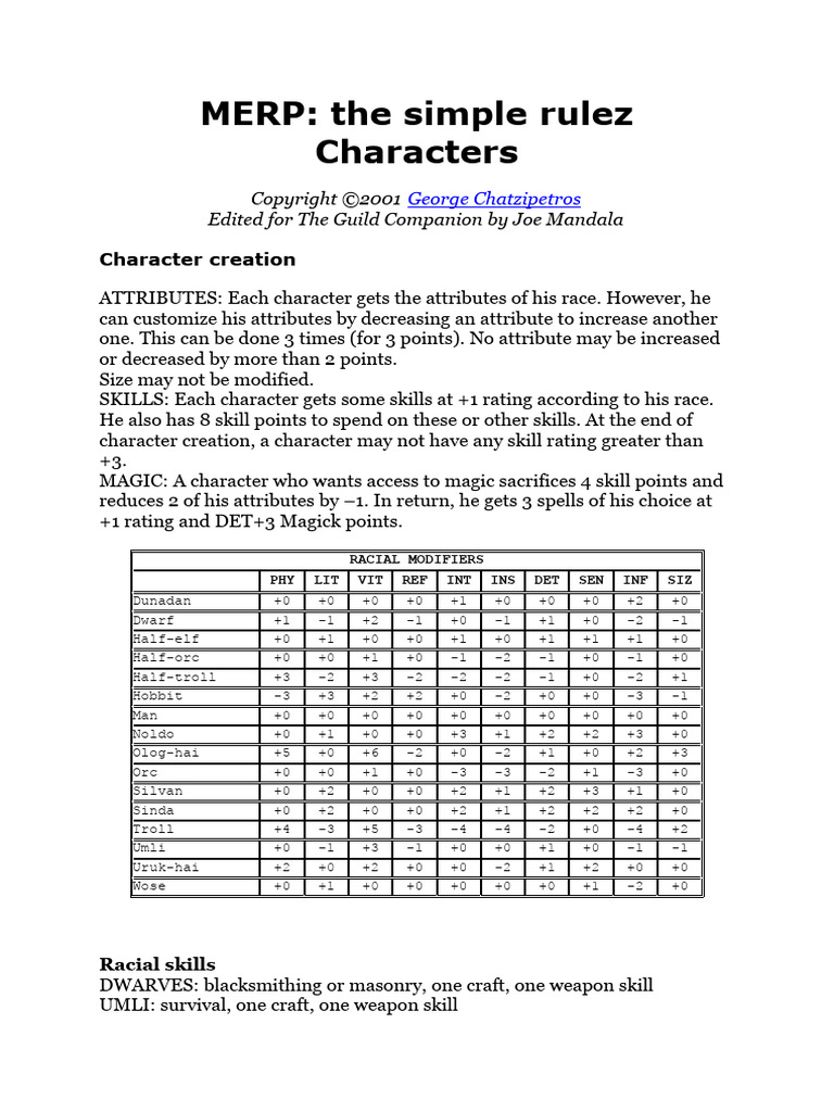 05 MERP The Simple Rulez - Character Creation by George Chatzipetros (February, 2001) | PDF ...