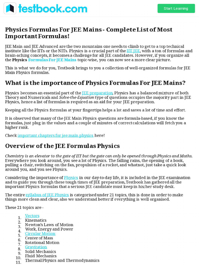 Physics Formulas For JEE Mains - Complete List of Most Important Formulas! | PDF