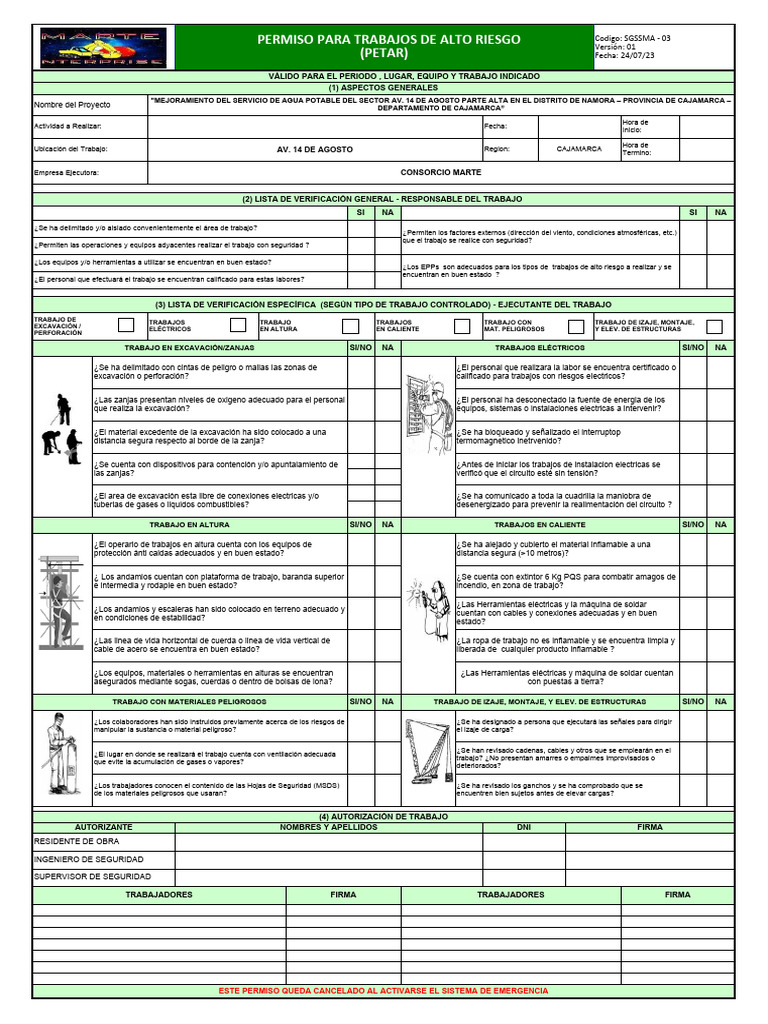 Permiso Escrito de Trabajo de Alto Riesgo (Petar) | PDF