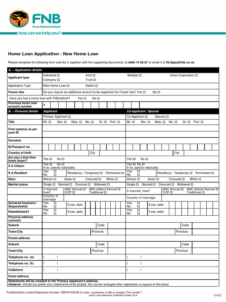 FNB Home Loan Application Form 2018 | PDF | Debt | Employment