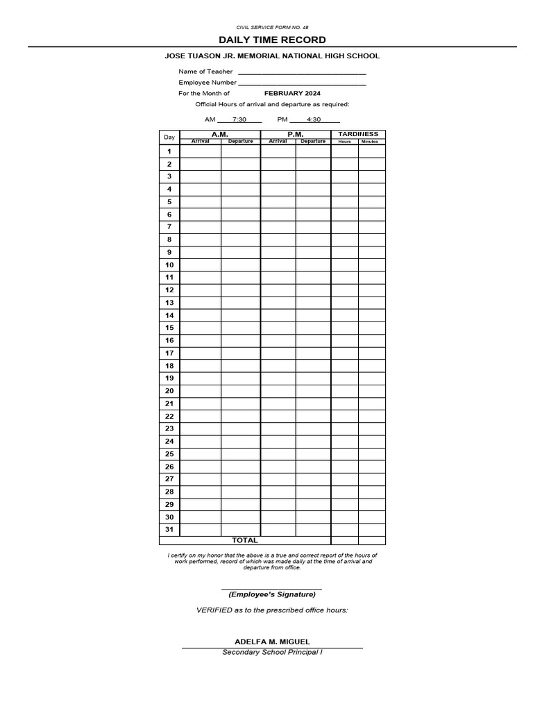 Daily Time Record for Teachers 2024 | PDF