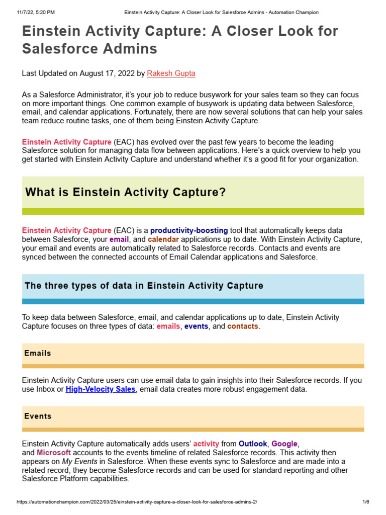 Einstein Activity Capture - A Closer Look For Salesforce Admins - Automation Champion | PDF ...