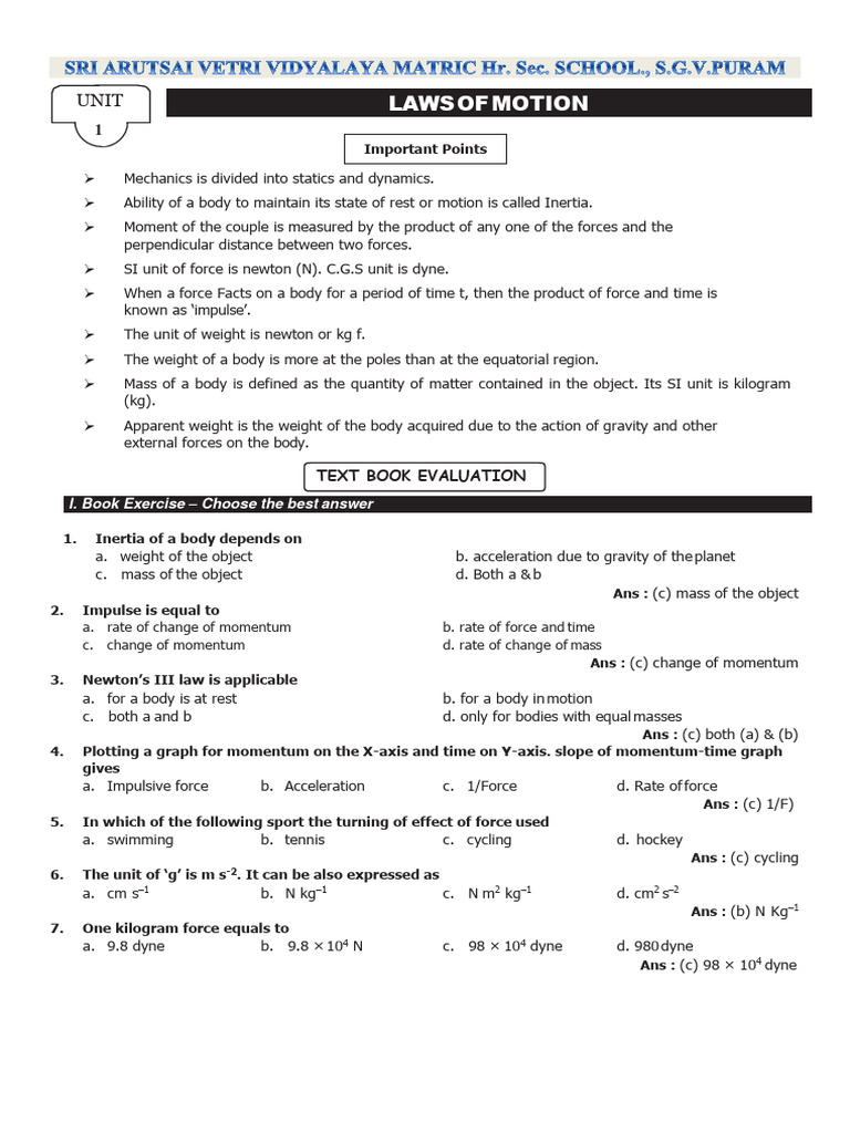 10TH BOOK BACK ANSWER 1ST LESSON LAWS OF MOTION | PDF | Force | Weight
