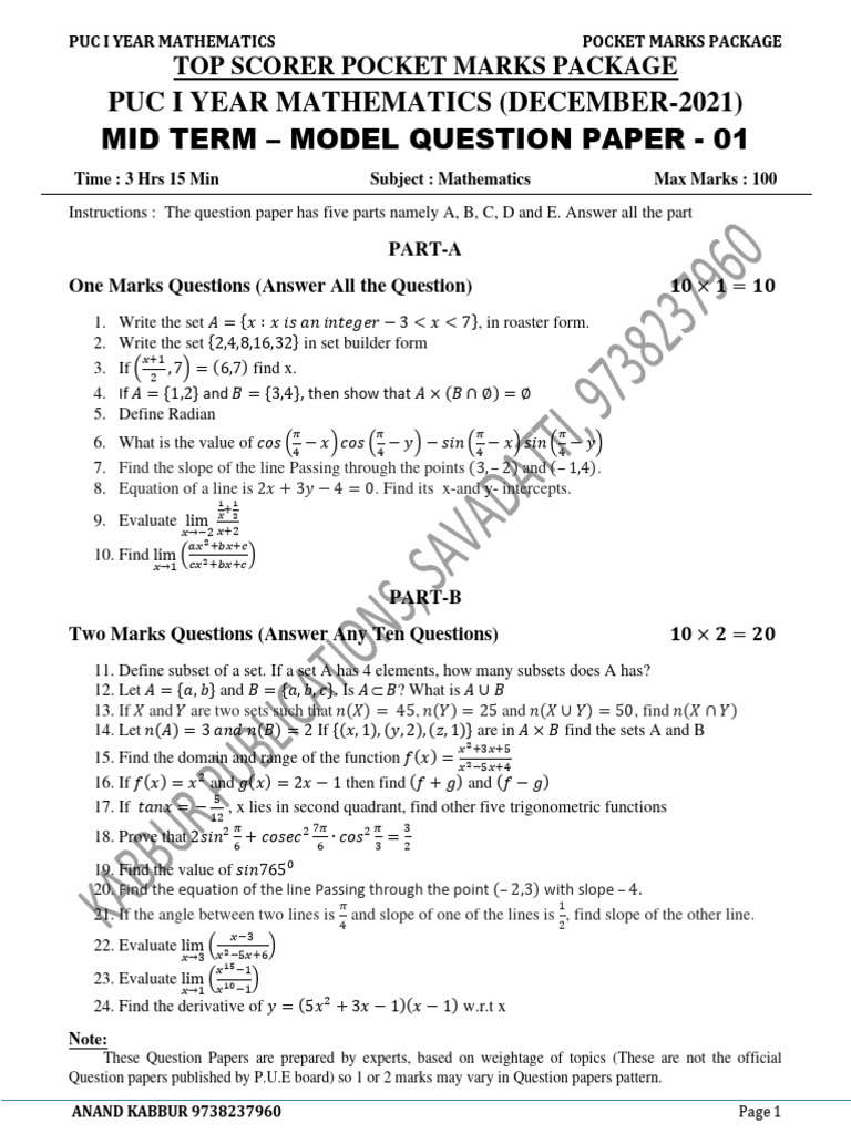 Maths PUC I Year 3 Set Mid Term QP | PDF | Function (Mathematics) | Pi