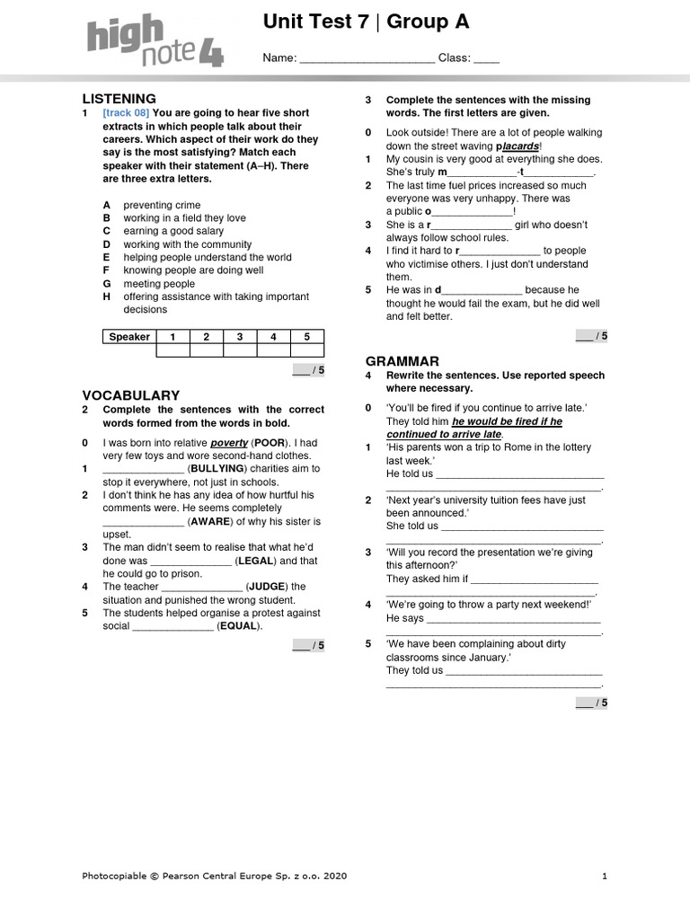 HighNote4 U7 Test A | PDF