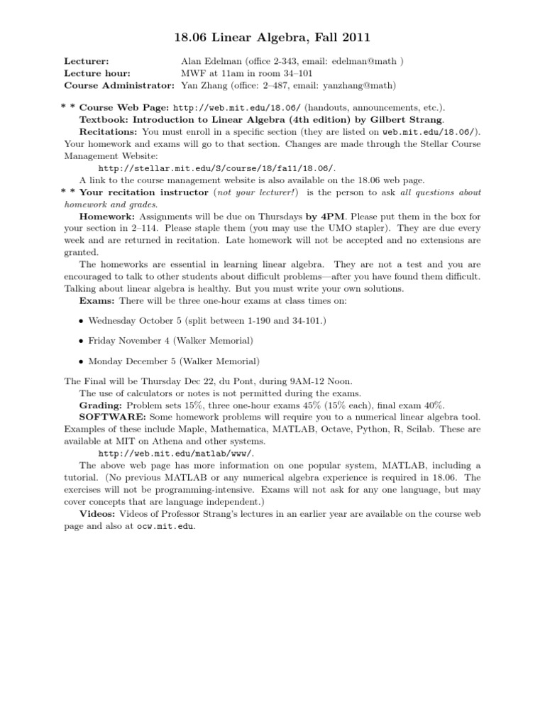 Linear Algebra Mit Syllabus Pdf Matrix Mathematics Operator Theory