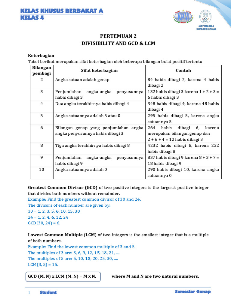 Materi 1-Berbakat A04-MTK-Pertemuan 2 - Divisibility and GCD & LCM-1705459319 | PDF