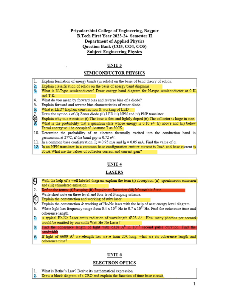 EP Question Bank Mid Sem 2 | PDF | Bipolar Junction Transistor | Laser