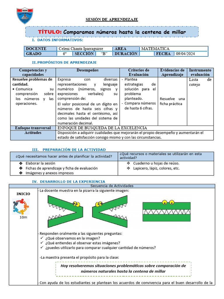 SESIÓN MAT. Comparamos Numeros Hasta La Centena de Millar | PDF | Evaluación | Aprendizaje