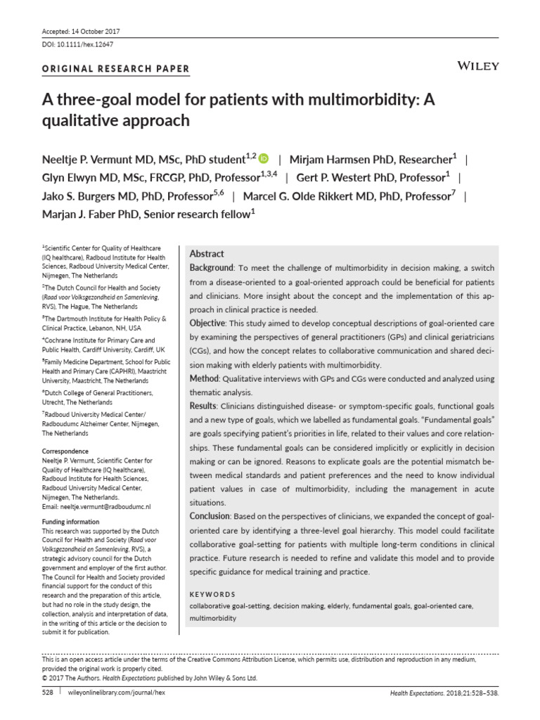 Health Expectations - 2017 - Vermunt - A Three Goal Model For Patients With Multimorbidity A ...