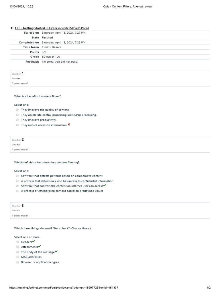 Quiz - Content Filters - Attempt Review | PDF | Email Spam | Computing