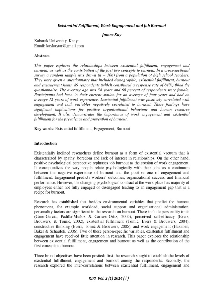 Existential Fulfillment, Work Engagement and Job Burnout | PDF ...
