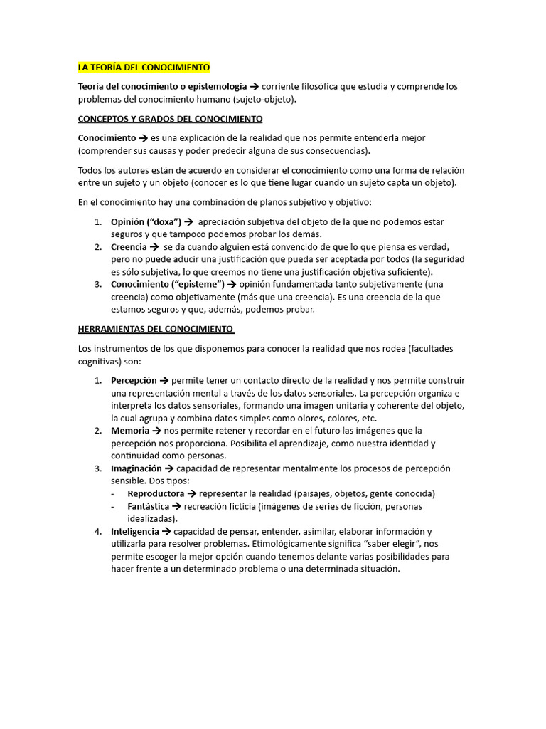 El Problema Del Conocimiento (Tema 3, Filosofía, 1 Bach) | PDF | Verdad | Conocimiento
