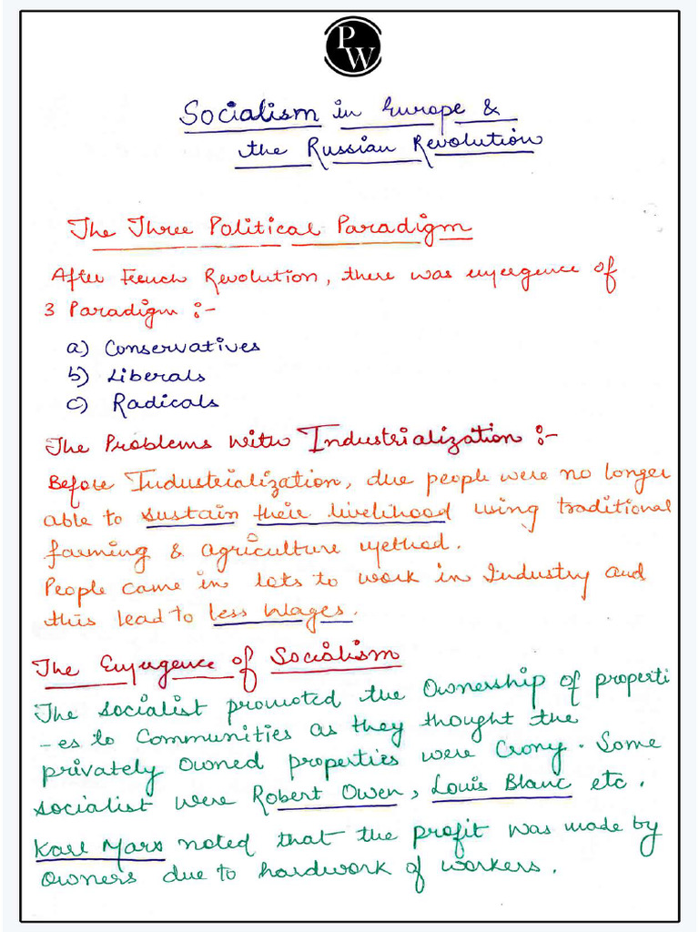 Socialism in Europe & Russian Revolution - Handwritten Notes | PDF