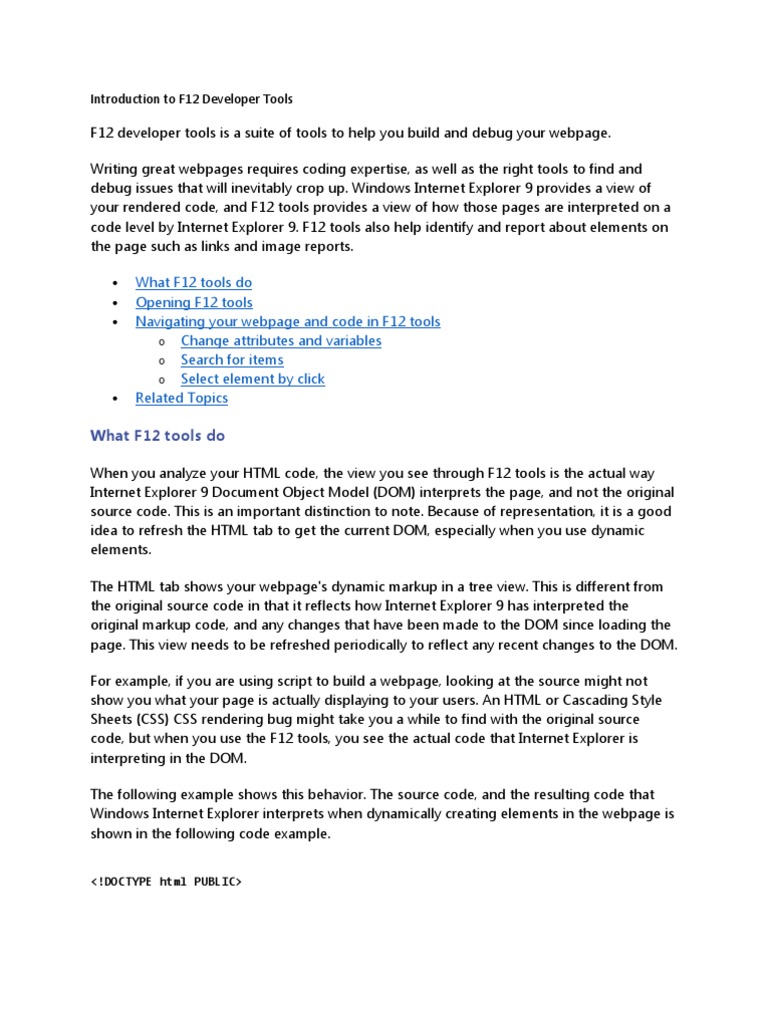 Introduction To F12 Developer Tools | PDF | Document Object Model | Web ...