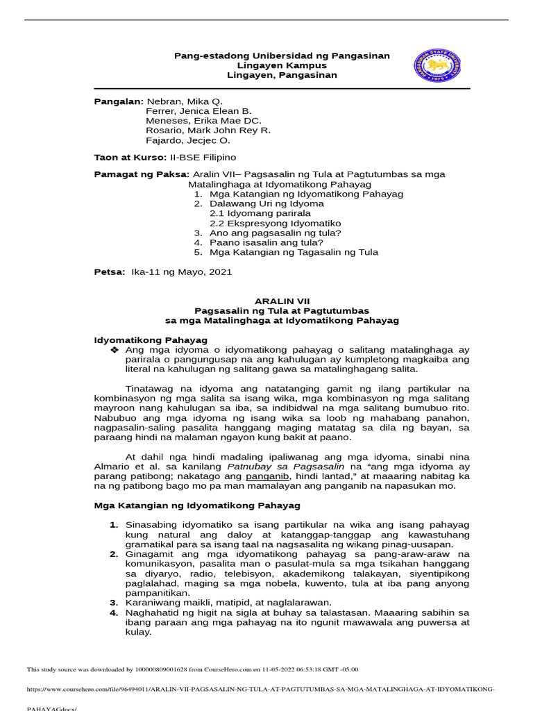 Aralin Vii Pagsasalin NG Tula at Pagtutumbas Sa Mga Matalinghaga at ...