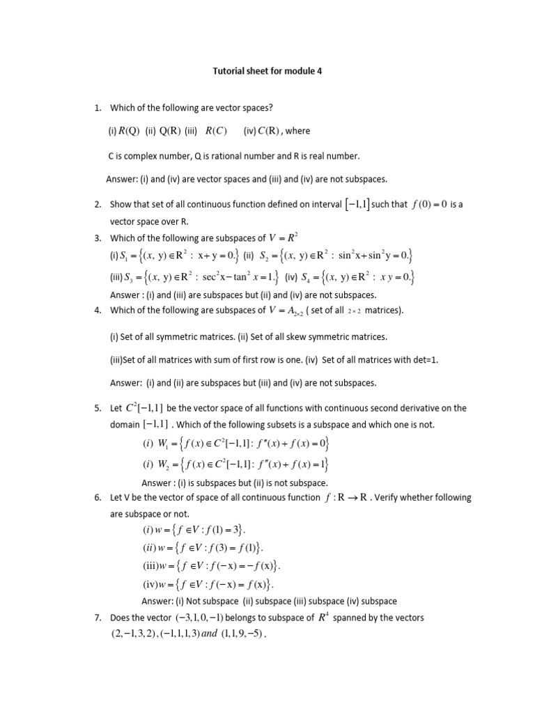 Tutorial Sheet 4 | Download Free PDF | Linear Subspace | Vector Space