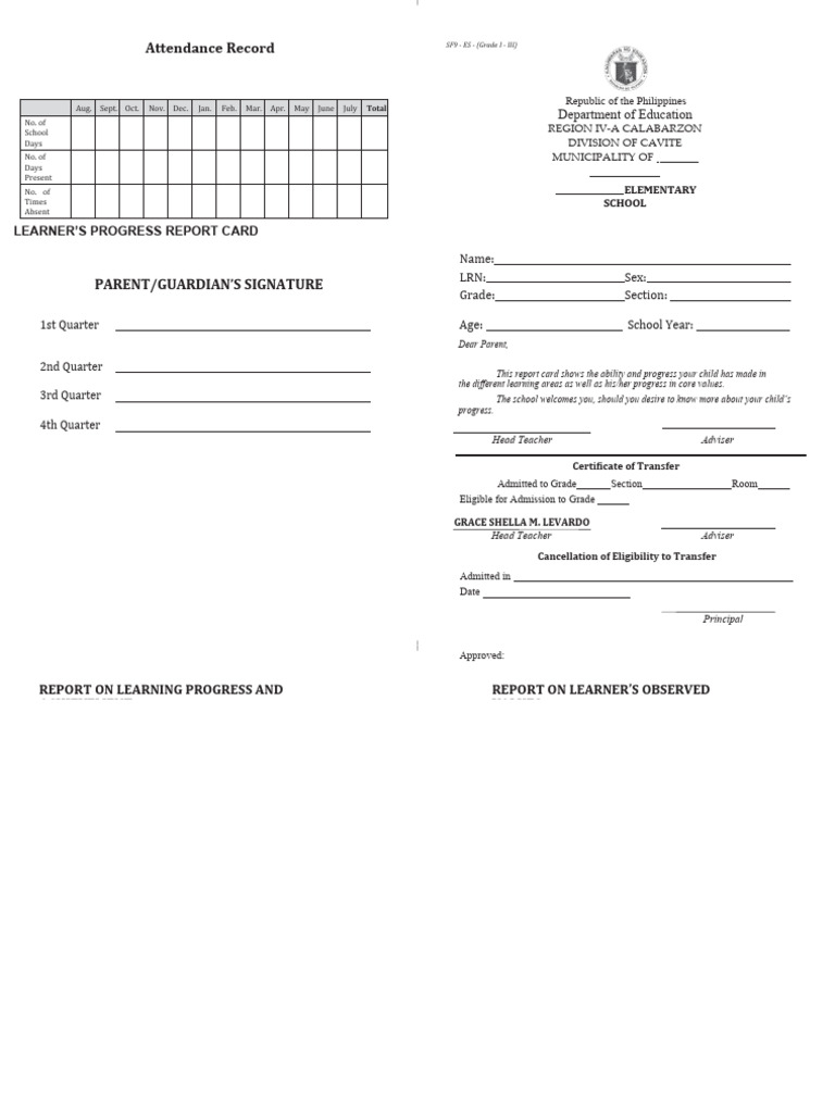 Elementary School Learner's Report Card | PDF | Learning | Teachers