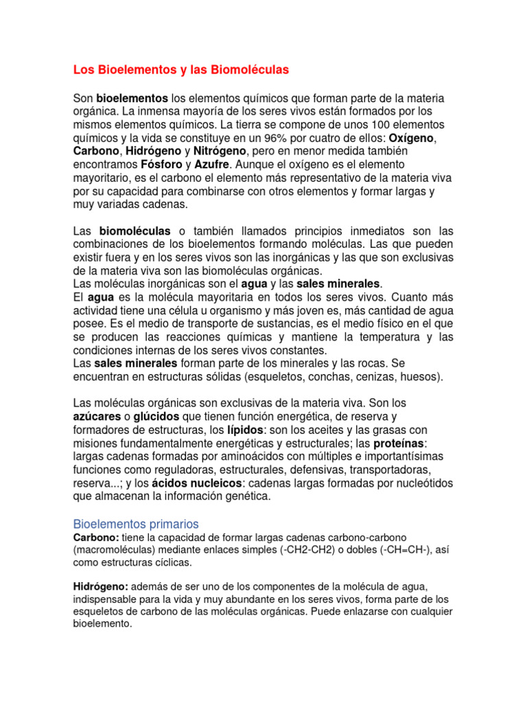Bioelementos biomoléculas | PDF | Biomoléculas | Organismos
