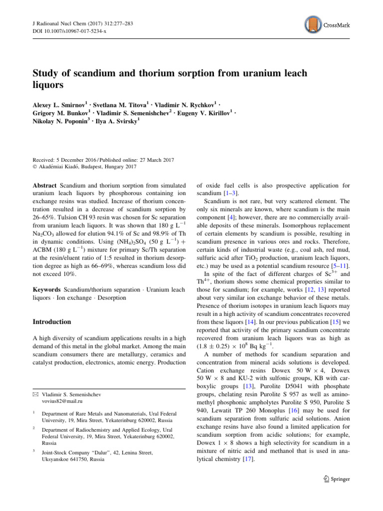 Study of Scandium and Thorium Sorption From Uranium Leach Liquors | PDF | Ion Exchange | Acid