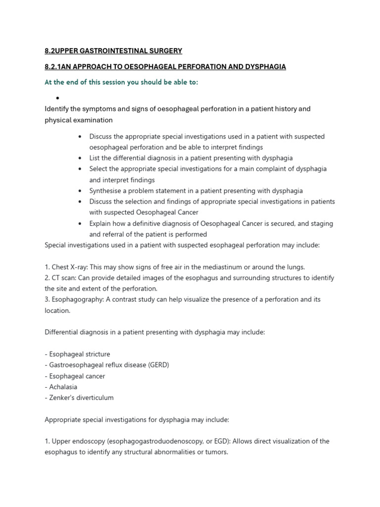 Identify The Symptoms and Signs of Oesophageal Perforation in A Patient History and Physical ...