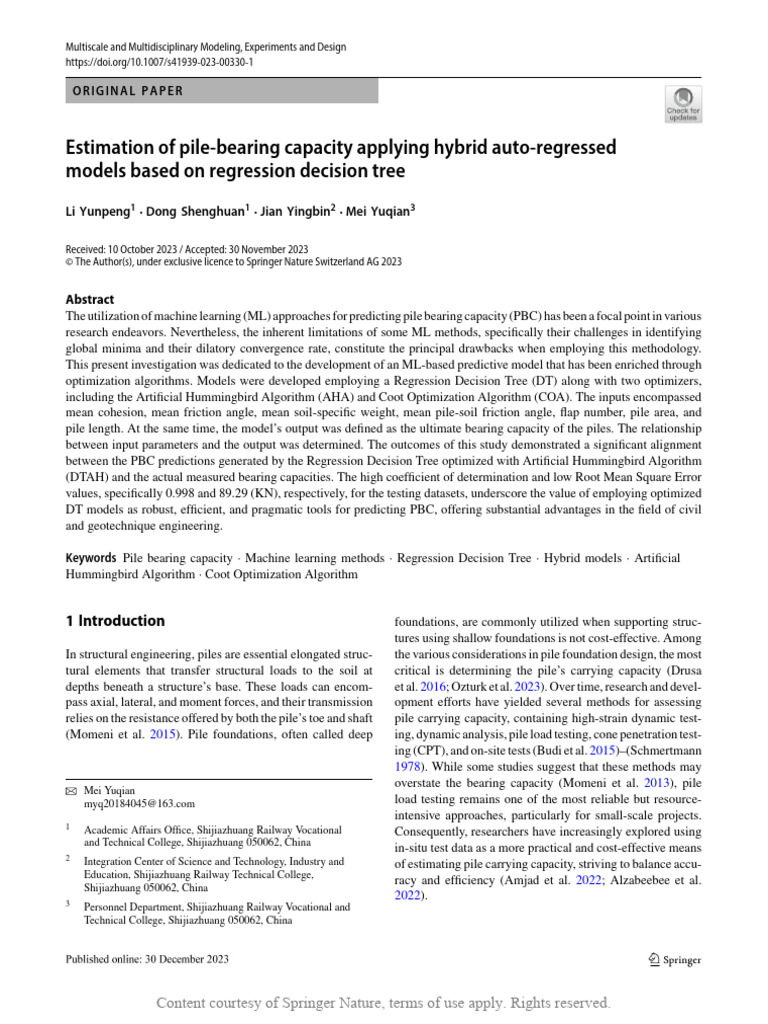 Estimation of Pile Bearing Capacity Applying Hybrid Auto Regressed Models Based On Regression ...